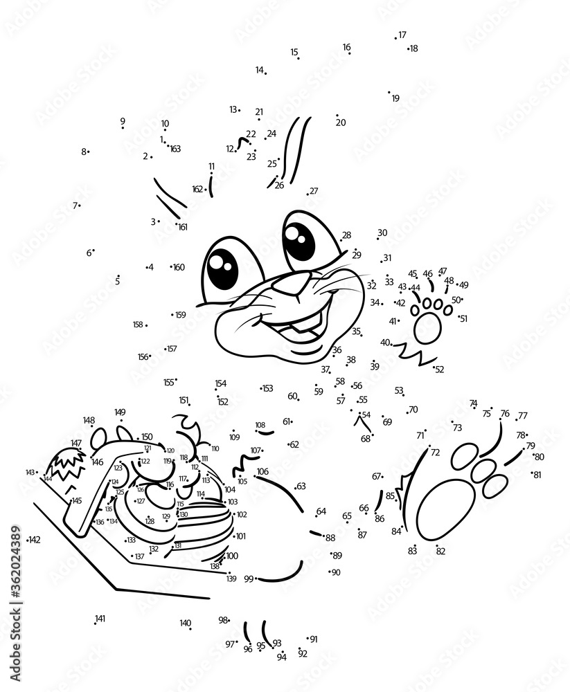 A connect or join dots to dot kids puzzle work sheet cartoon drawing of ...