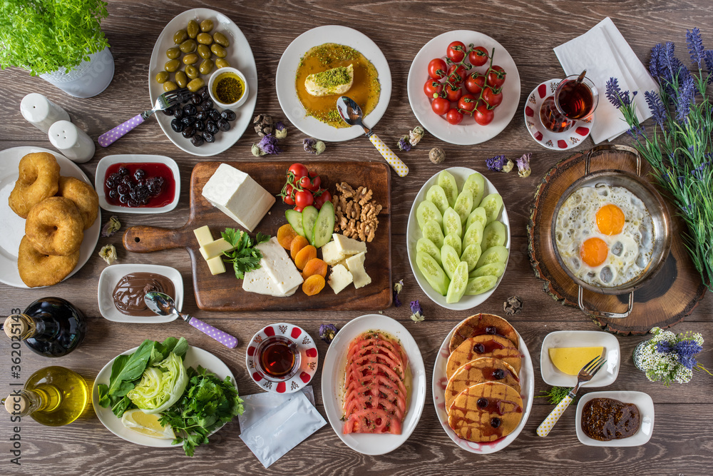 Traditional Turkish Breakfast served with traditional turkish tea on ...