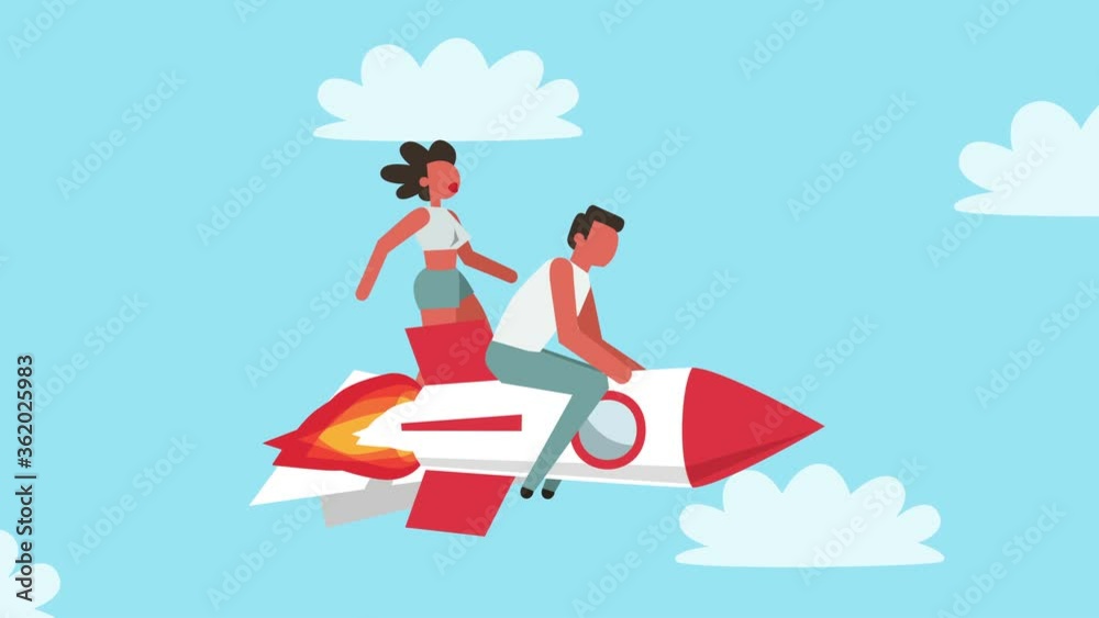 Stick Figure Man Character on a Rocket Overtakes a Girl on a Paper ...