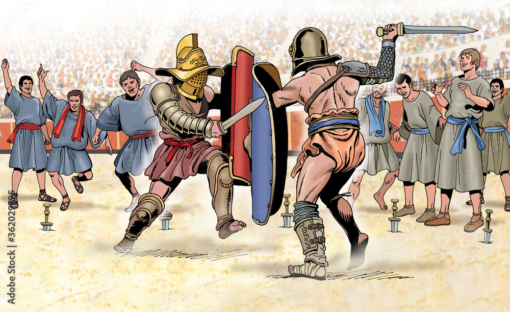 Ancient Rome - Fight between gladiators incited by increpatores Stock ...