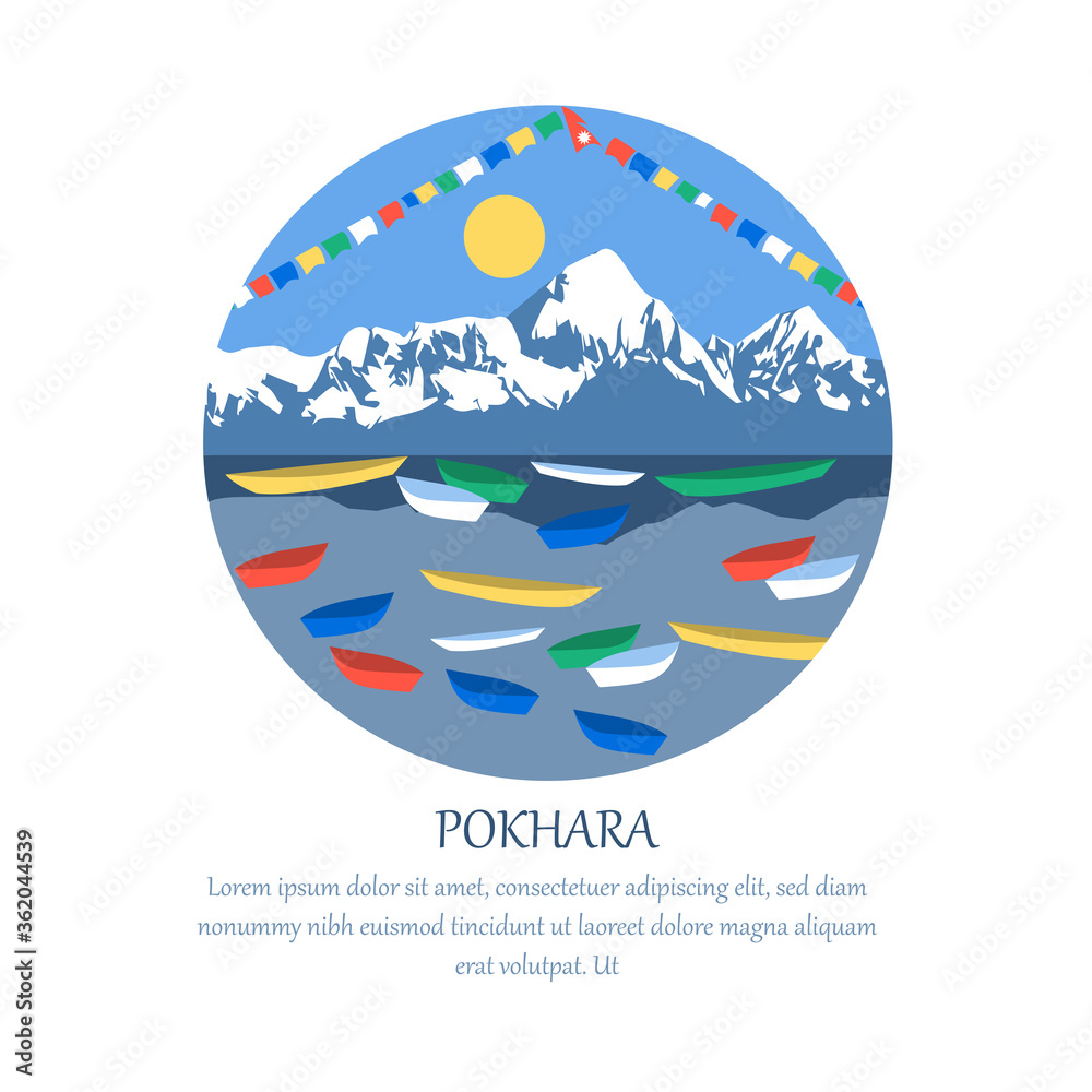 Vector banner with Pokhara Phewa Lake. Annapurna in Himalayas, Nepal ...