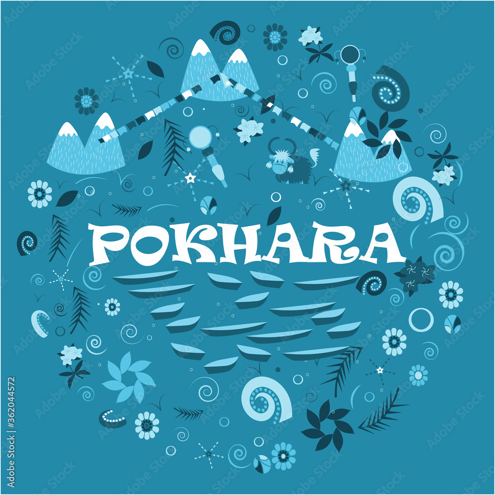 Vector banner with Pokhara Phewa Lake. Annapurna in Himalayas, Nepal ...