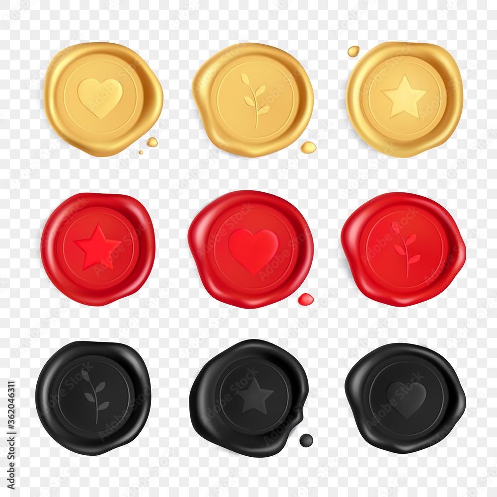 Wax seals set with heart, branch and star isolated on transparent ...