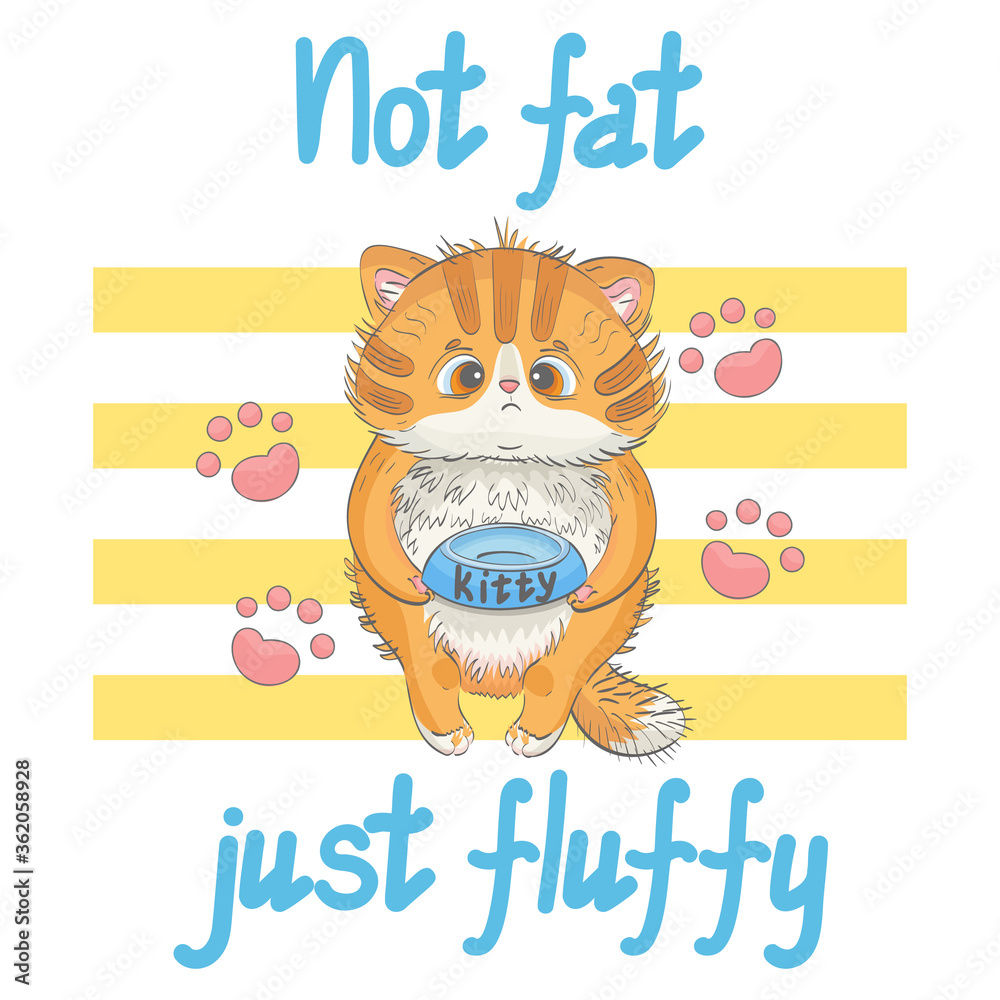 Funny hungry sad cat in cartoon style. Not fat just fluffy. Hand drawn ...