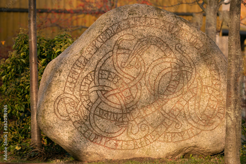 ancient rune stone with painted Midgaardsnake and runic inscriptions in ...