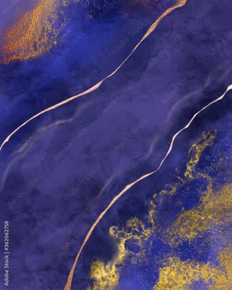 Abstract blue, purple and gold background. Hand drawn abstract liquid ...