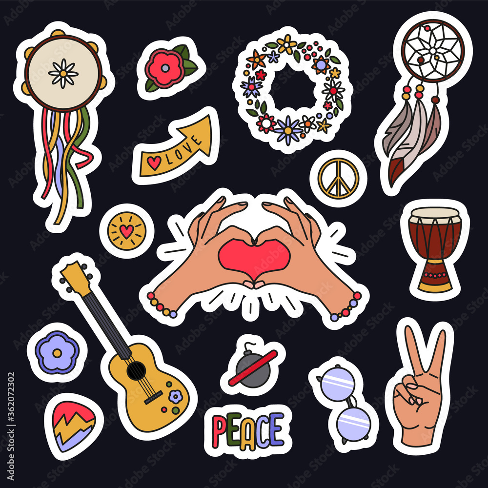 Hippie stickers collection. Vector cartoon style cute musical ...