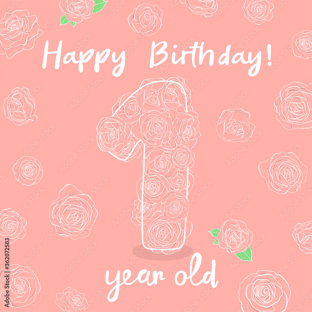 Number one with rose flowers for childrens birthday. For a holiday card ...