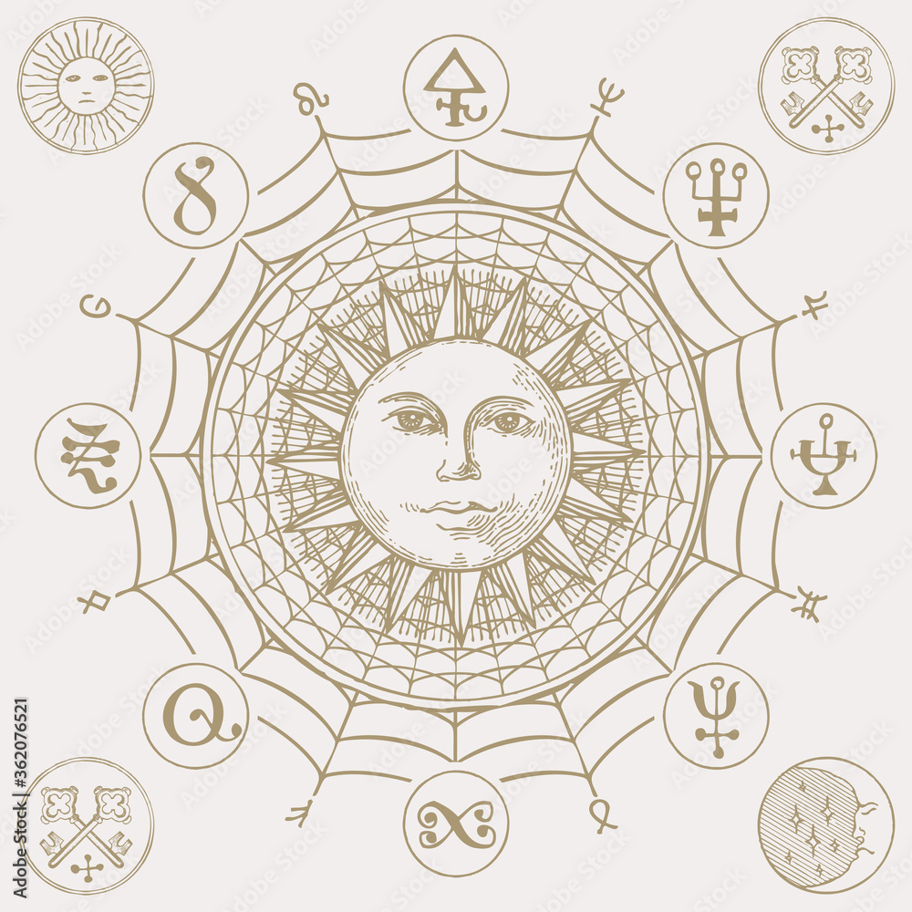 Hand-drawn Sun with magic symbols in retro style on the old paper ...