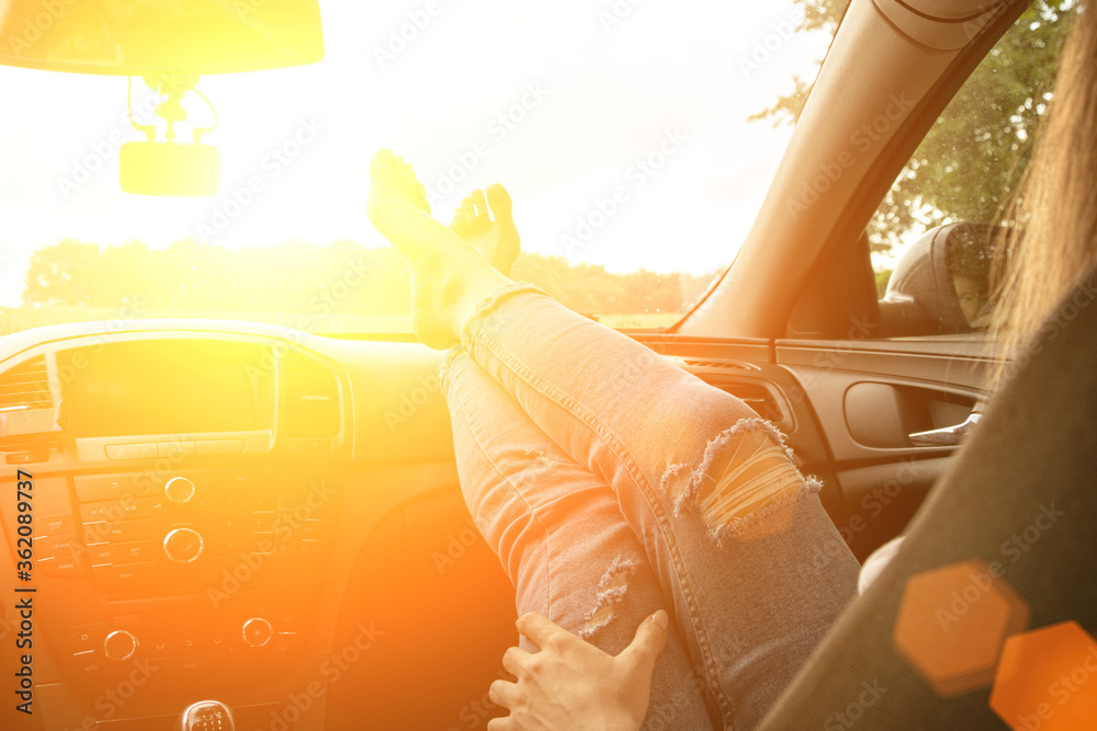 Car driving. Fun driver ride vehicle on road in travel trip. Happy ...