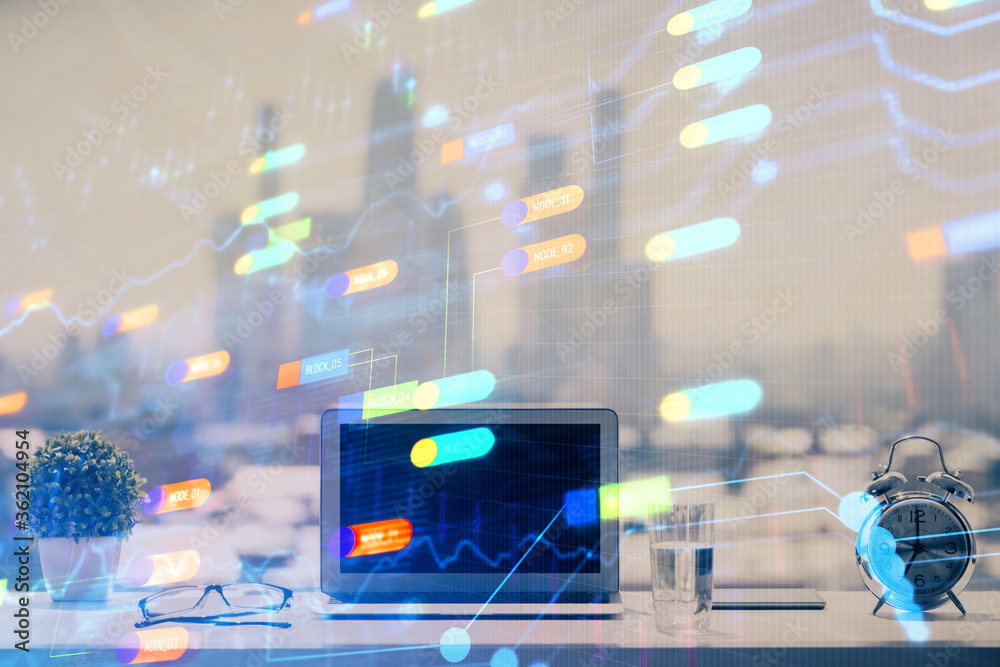 Multi exposure of table with computer on background and data theme ...