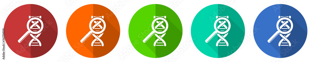 Dna, genetic research icon set, red, blue, green and orange flat design ...