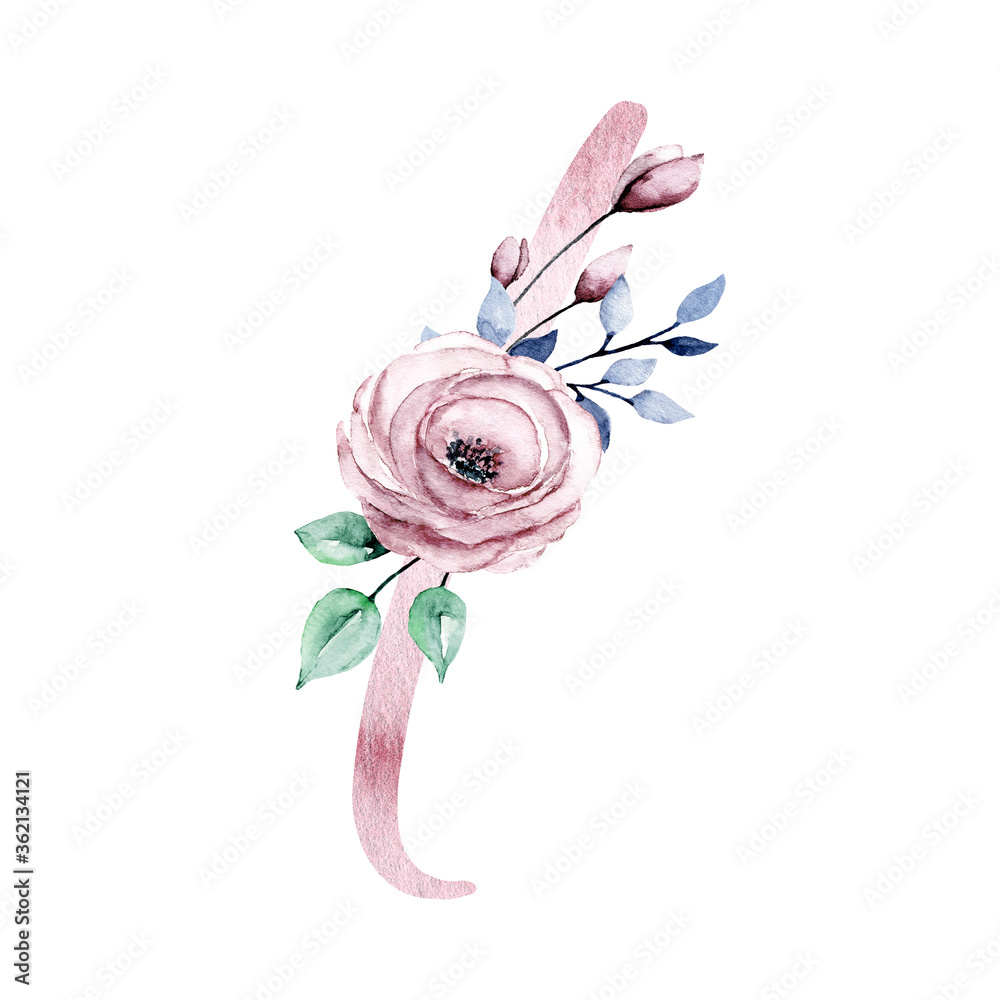 Pink letter I, alphabet with watercolor flower and leaves. Letterhead ...