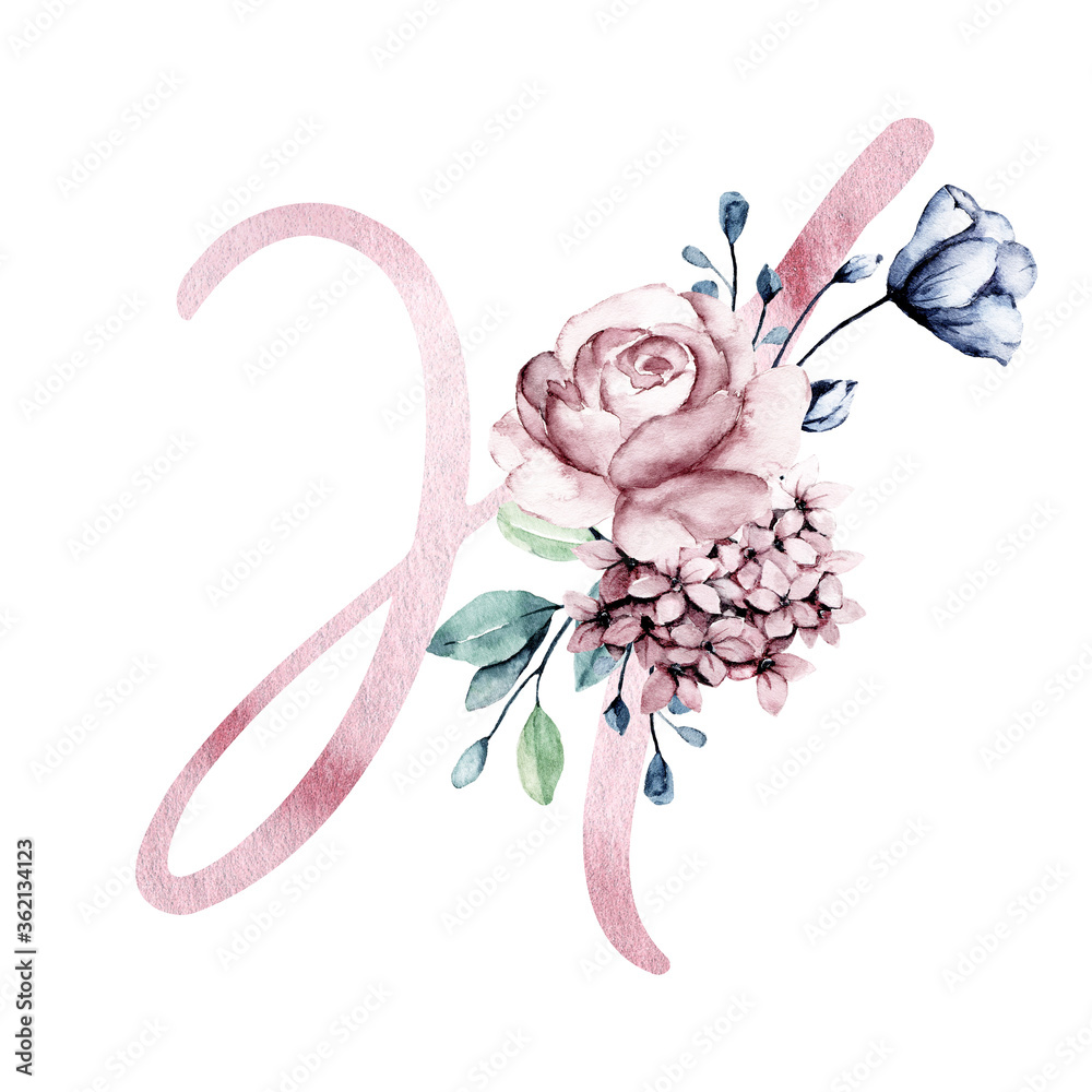 Pink letter H, alphabet with watercolor flower and leaves. Letterhead ...
