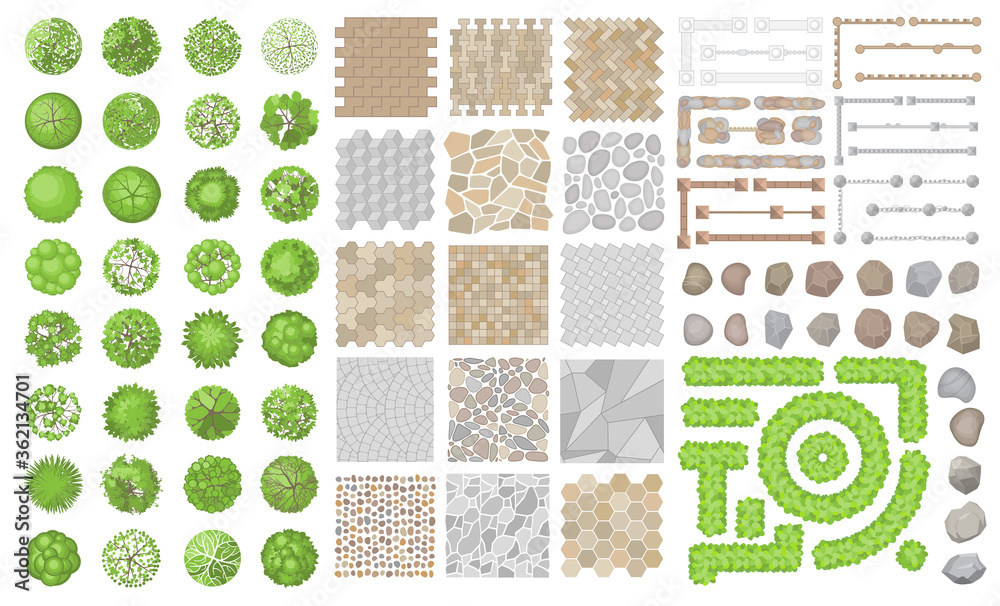 Set of park elements. (Top view) Collection for landscape design, plan ...