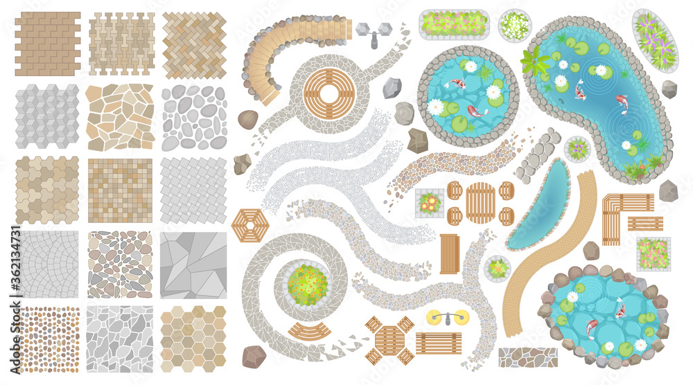 Set of vector street pavements and elements of the park. (Top view ...