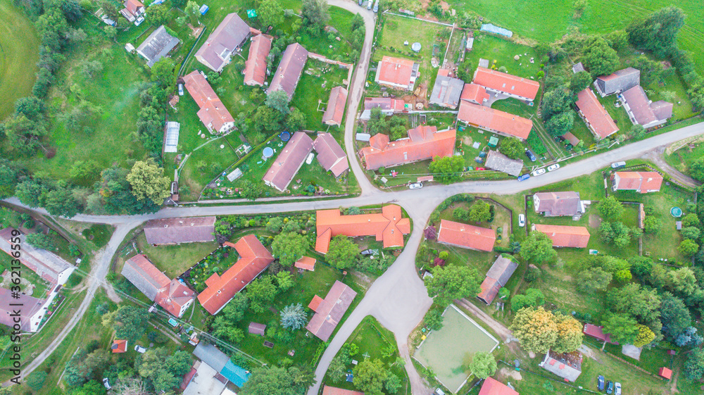 Aerial view of a small village.Top view of traditional housing estate ...