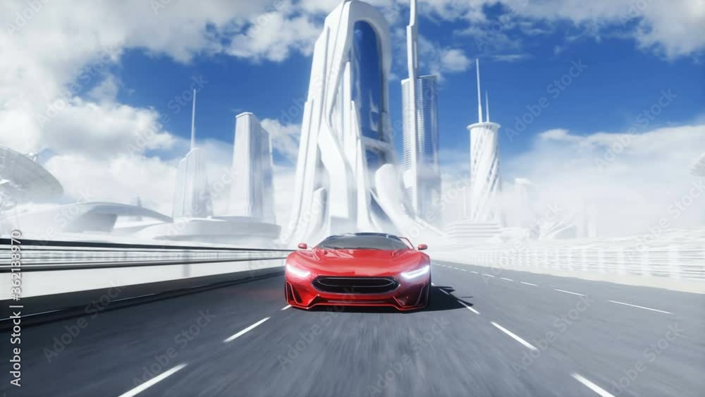 3d model of futuristic red electric car on highway. Very fast driving ...