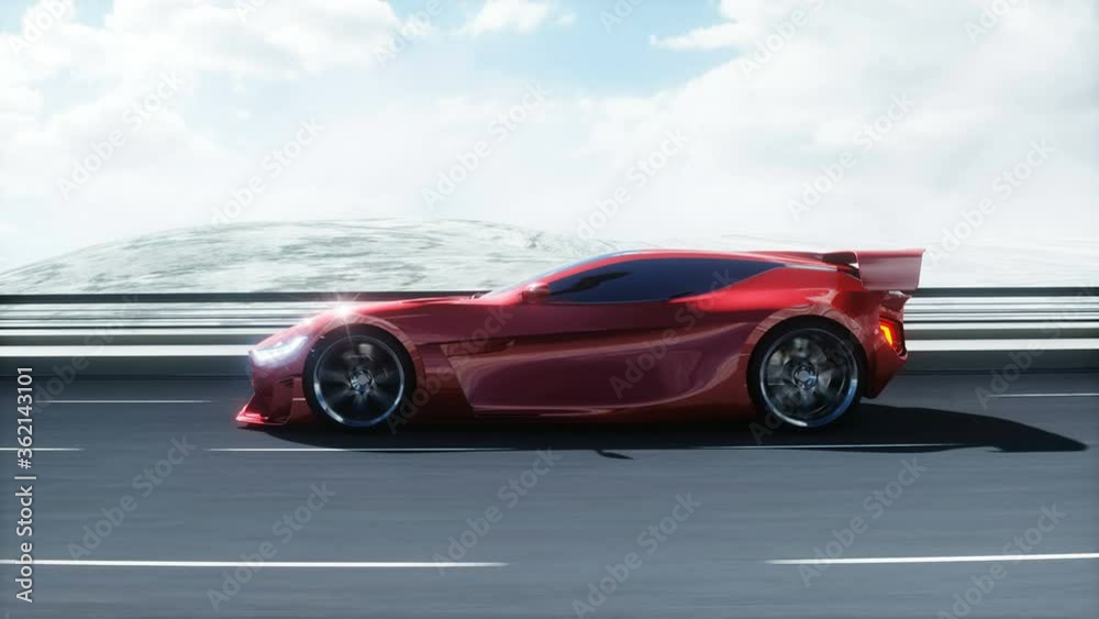 3d model of futuristic red electric car on highway. Very fast driving ...