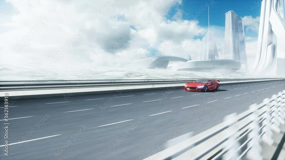 3d model of futuristic red electric car on highway. Very fast driving ...