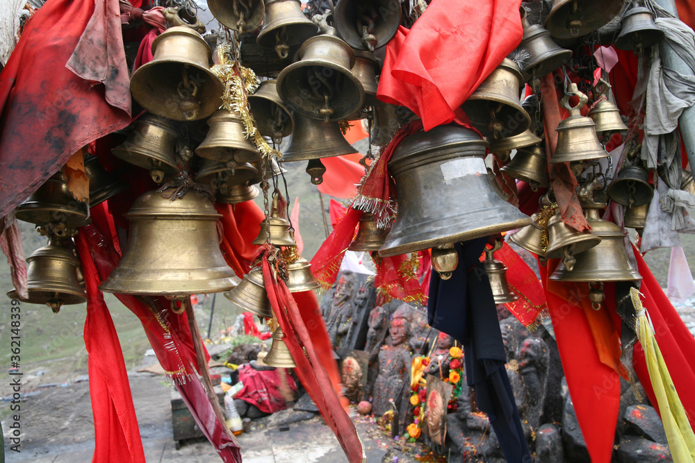 group of brass bells at Bhairavnath Temple, Near kedarnath. Stock Photo ...