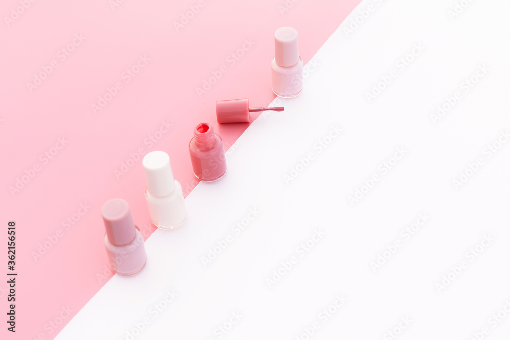 Trendy design template with tender pink nail polish layout on pastel ...
