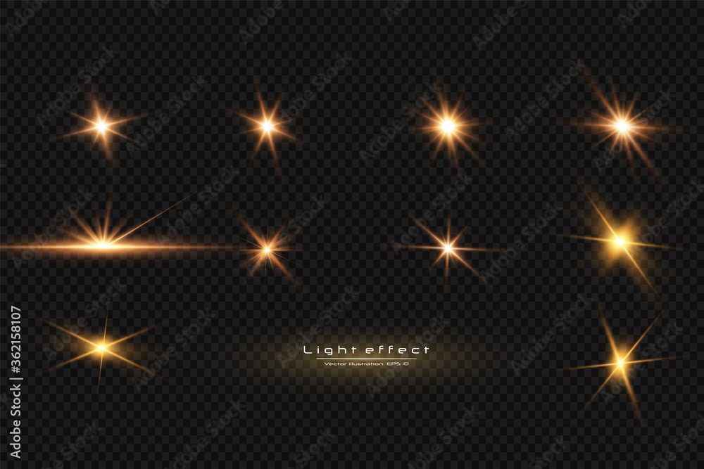 Shining golden stars, sun isolated on a black background. Effects, glare, lines, glitter ...