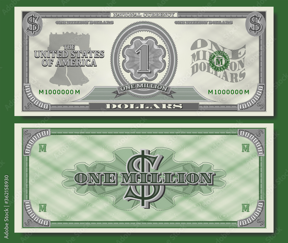 Fictional paper money USA. Banknote of one million dollars. Obverse and ...