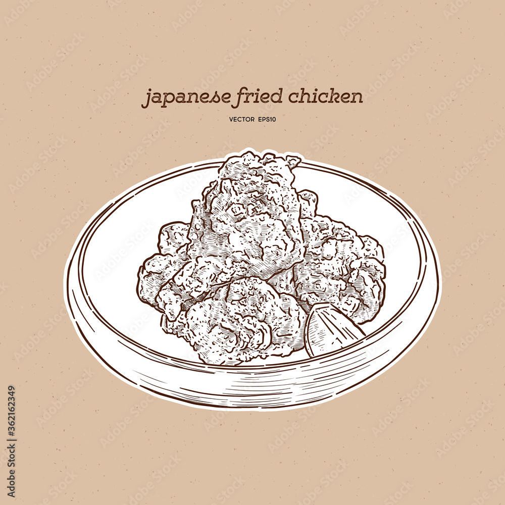 Japanese food,Karaage,Fried chicken japanese style. Hand draw sketch ...