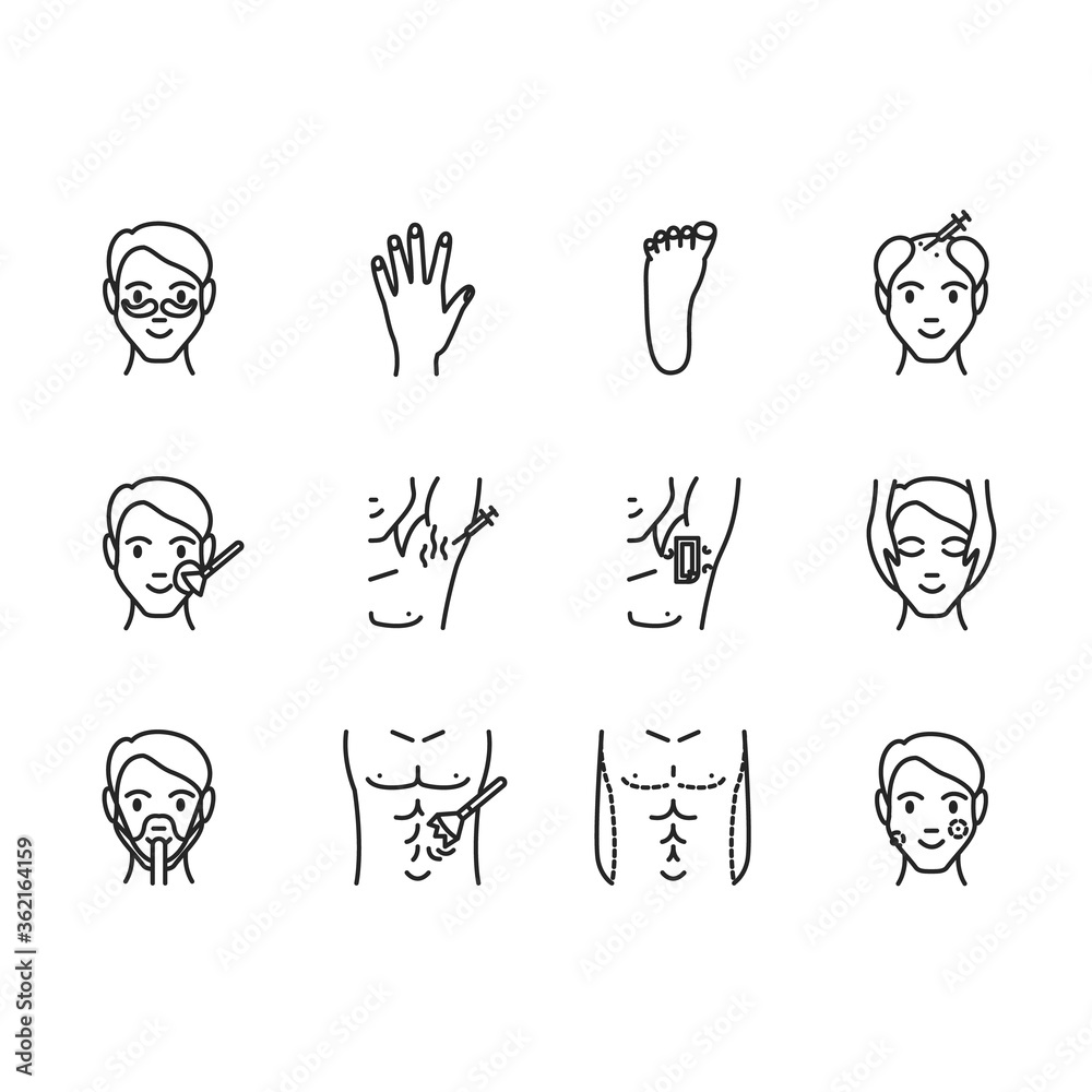 Vector linear icons set of male beauty procedures isolated. Anti-aging ...