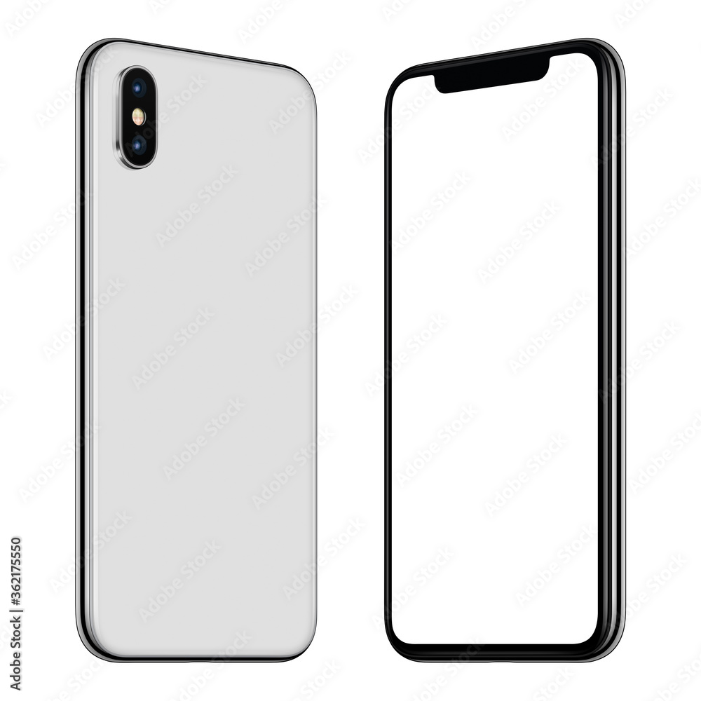 Rotated smartphone mockup front and back side. New modern white ...
