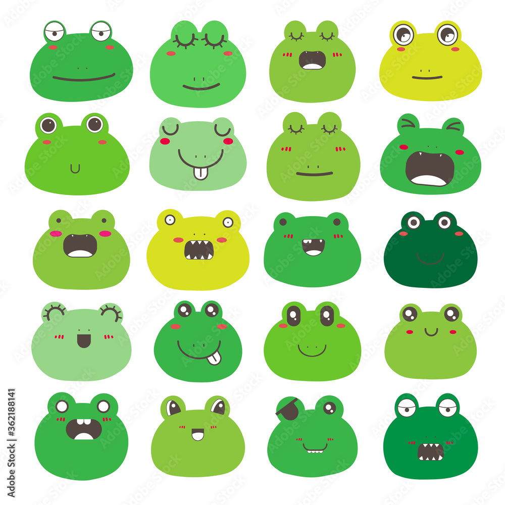 Set of frog face emoticons, Cute frog character design. Vector ...