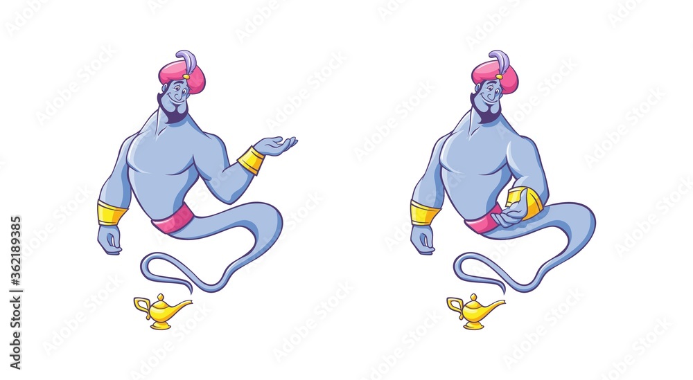 Vetor de Genie from lamp. Magical character with smile in red Arabic ...