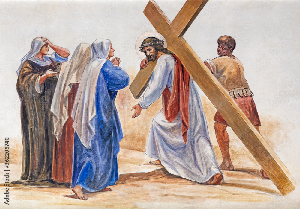 BARCELONA, SPAIN - MARCH 5, 2020: The fresco Jesus meet his mother Mary ...