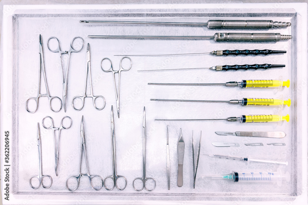 Sterile curettage tools, forceps, retractor in operation room at Stock ...