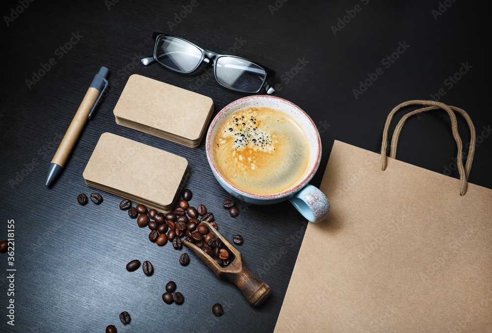 Vintage stationery set on black wood table background. Responsive ...