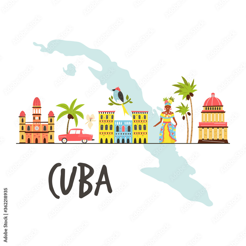 Tourist poster with famous destinations and landmarks of Cuba. Explore ...