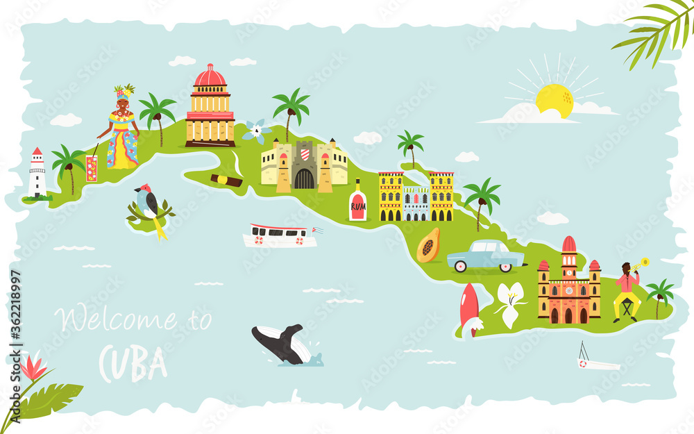 Bright illustrated map of Cuba with symbols, icons, famous destinations ...