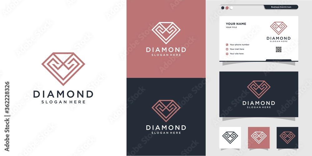 Diamond logo with line art style and business card design, luxury ...