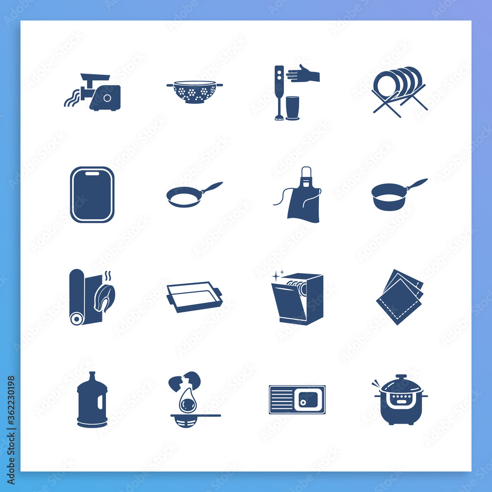 Utensil icon set and hand blender with apron, dish drainer and sink ...