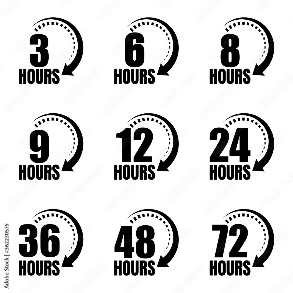 3, 6, 8, 9, 12, 24, 36, 48 and 72 hours clock arrow vector icons ...