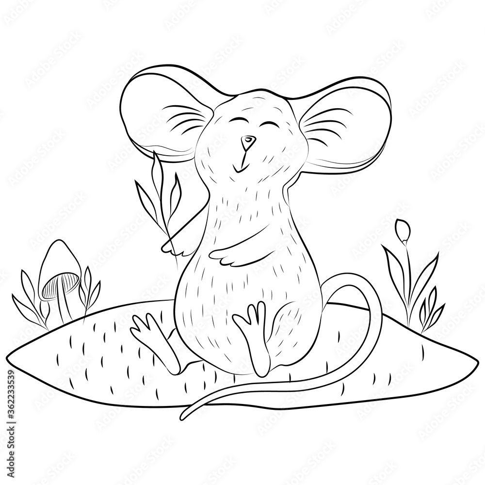 Coloring page. Cartoon cute mouse in the forest illustration. Childish ...
