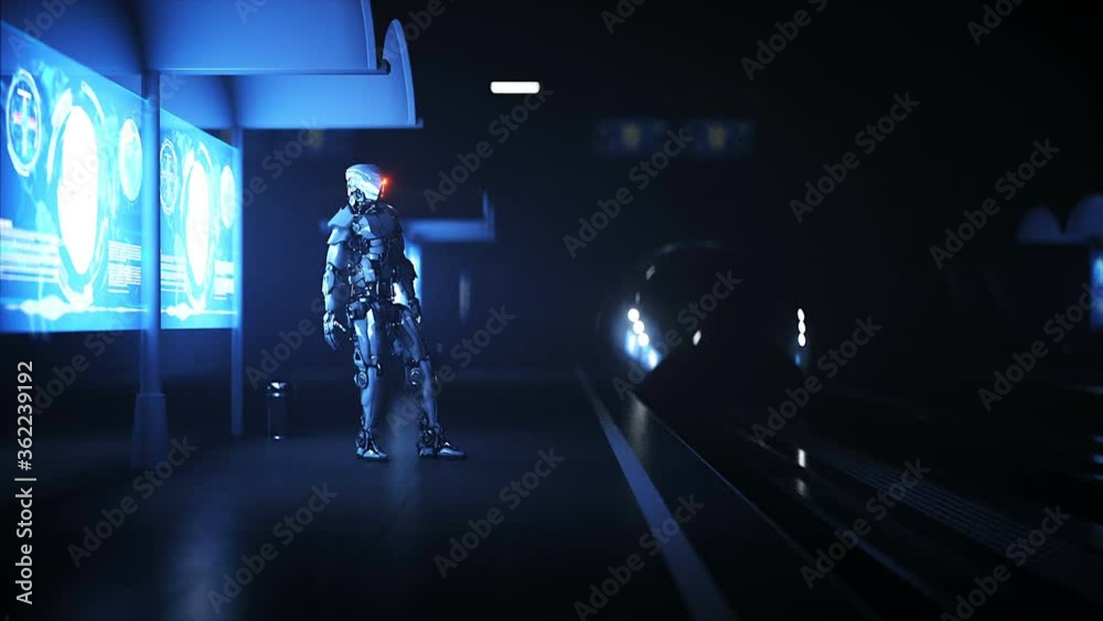 Robot on the Sci Fi railway futuristic station. Future concept. Aerial ...