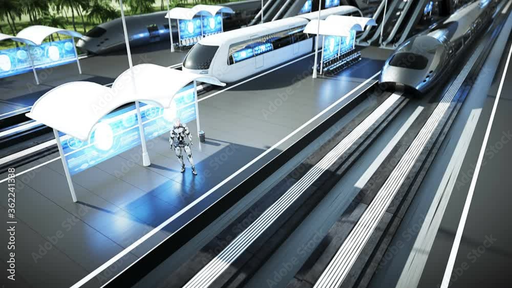 Robot on the Sci Fi railway futuristic station. Future concept. Aerial ...