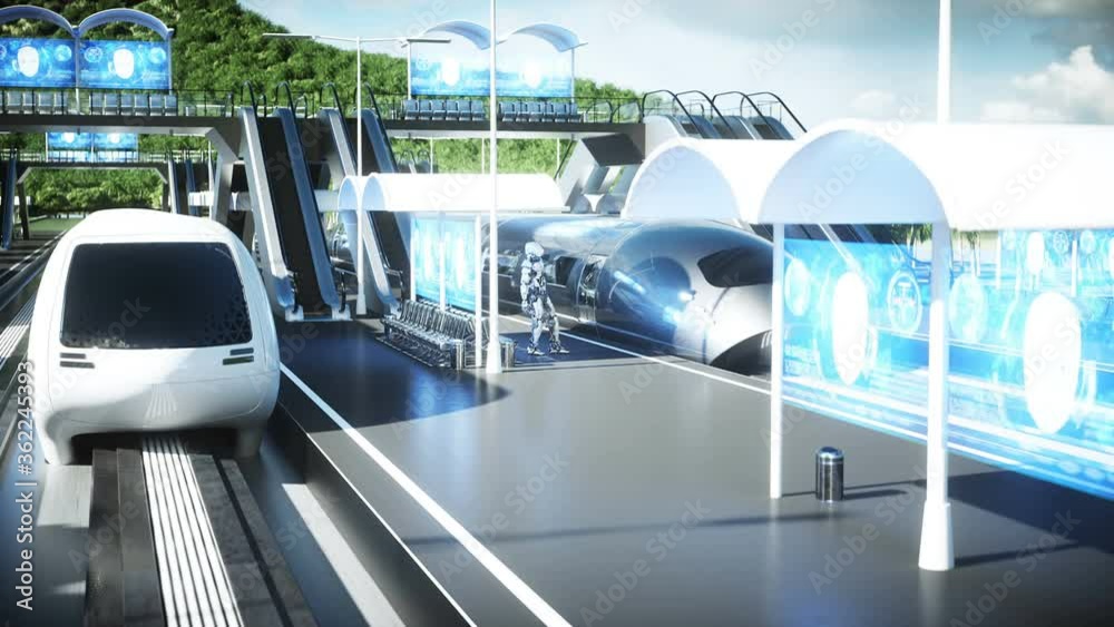 Robot on the Sci Fi railway futuristic station. Future concept. Aerial ...