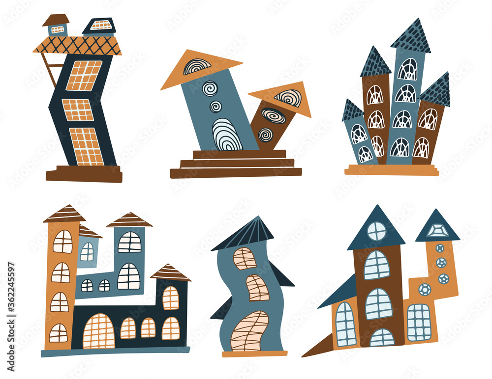 set of houses with curved walls, slanting roofs, round windows ...