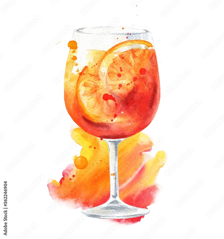 Spritz with orange cocktail with watercolor splashes on white ...