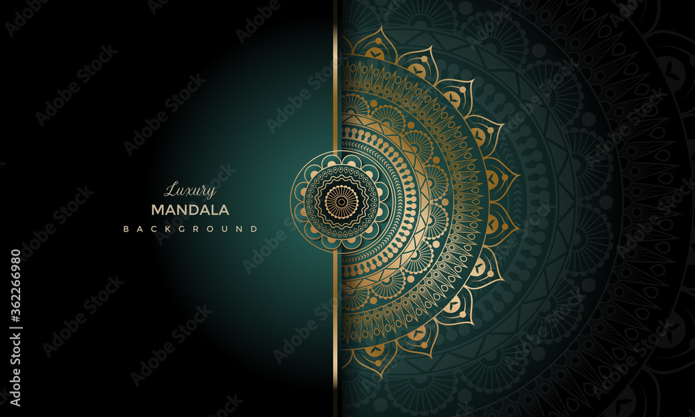 Luxury geometric gold gradient dark green mandala background. Design ...