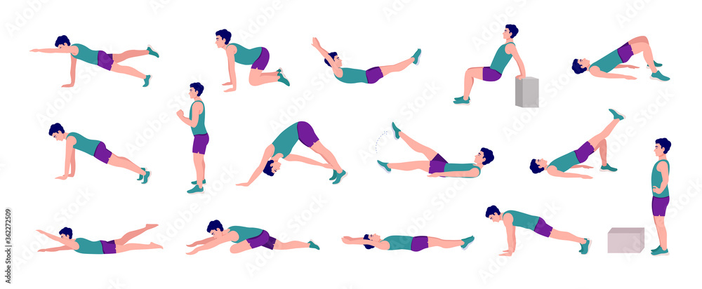Workout Men set. Men doing fitness and yoga exercises. Lunges and ...