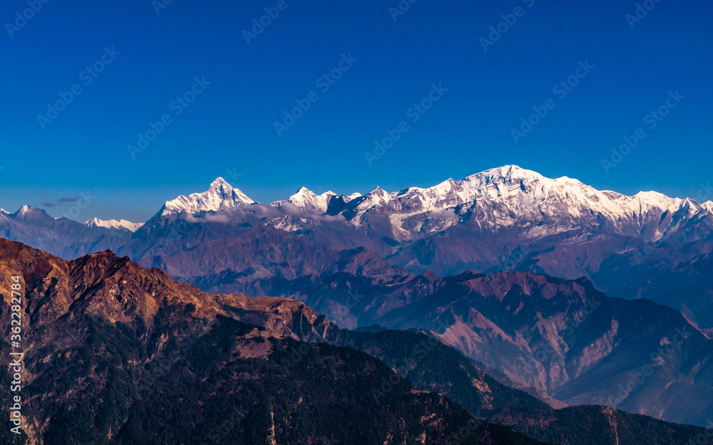 Panoramic view Himalayan mountains view from Chandrashila summit ...
